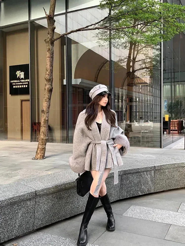 Elegant Office Women's Wool Coat with Fur Patchwork, Long Sleeved ...