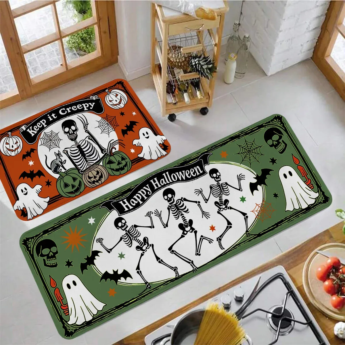 Halloween Kitchen Mat Set: Skeleton, Pumpkin, Bat, Ghost, Horror ...