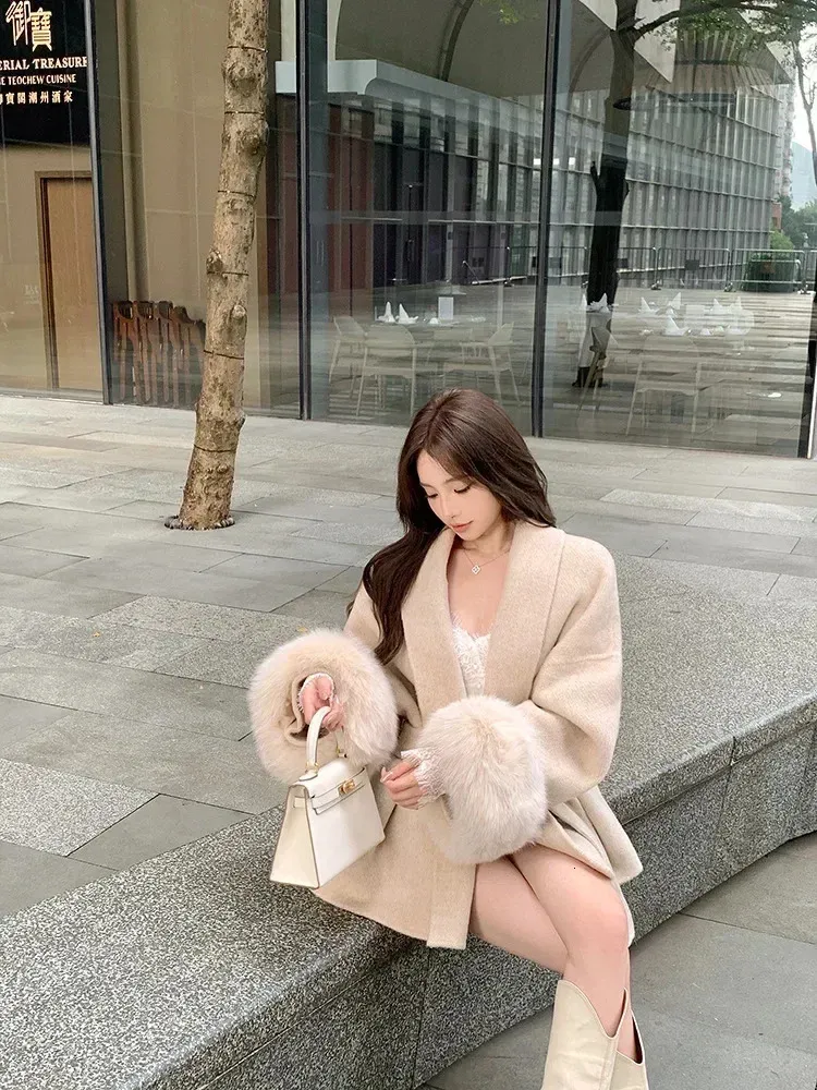 Elegant Office Women's Wool Coat with Fur Patchwork, Long Sleeved ...