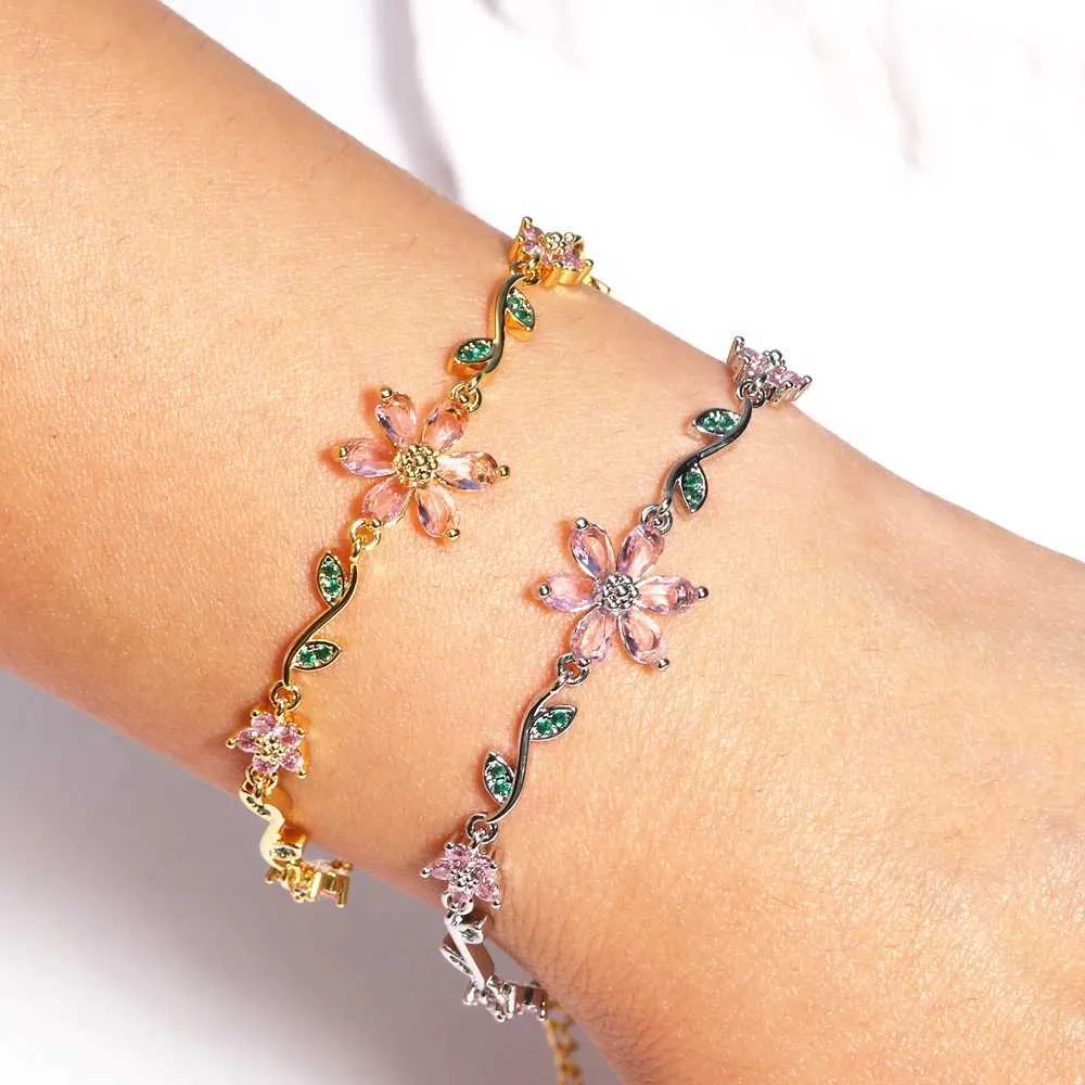 Luxury Green Leaf Flower Bracelet For Women With Pink Cubic Zirconia ...