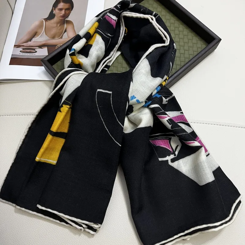 Women's Square Scarf Shawl, 30% Silk 70% Cashmere Material, Black Print ...