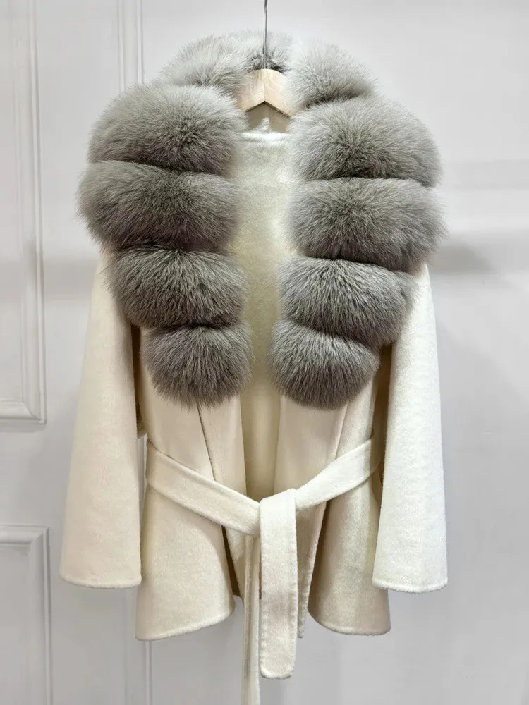 Janveny Natural Fox Fur Wool Overcoat: Autumn Winter Women's Short ...