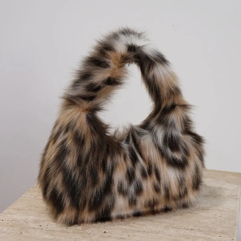 Leopard Plush Women's Hobo Underarm Bag Y2K Furry Clutch Shoulder Bag ...