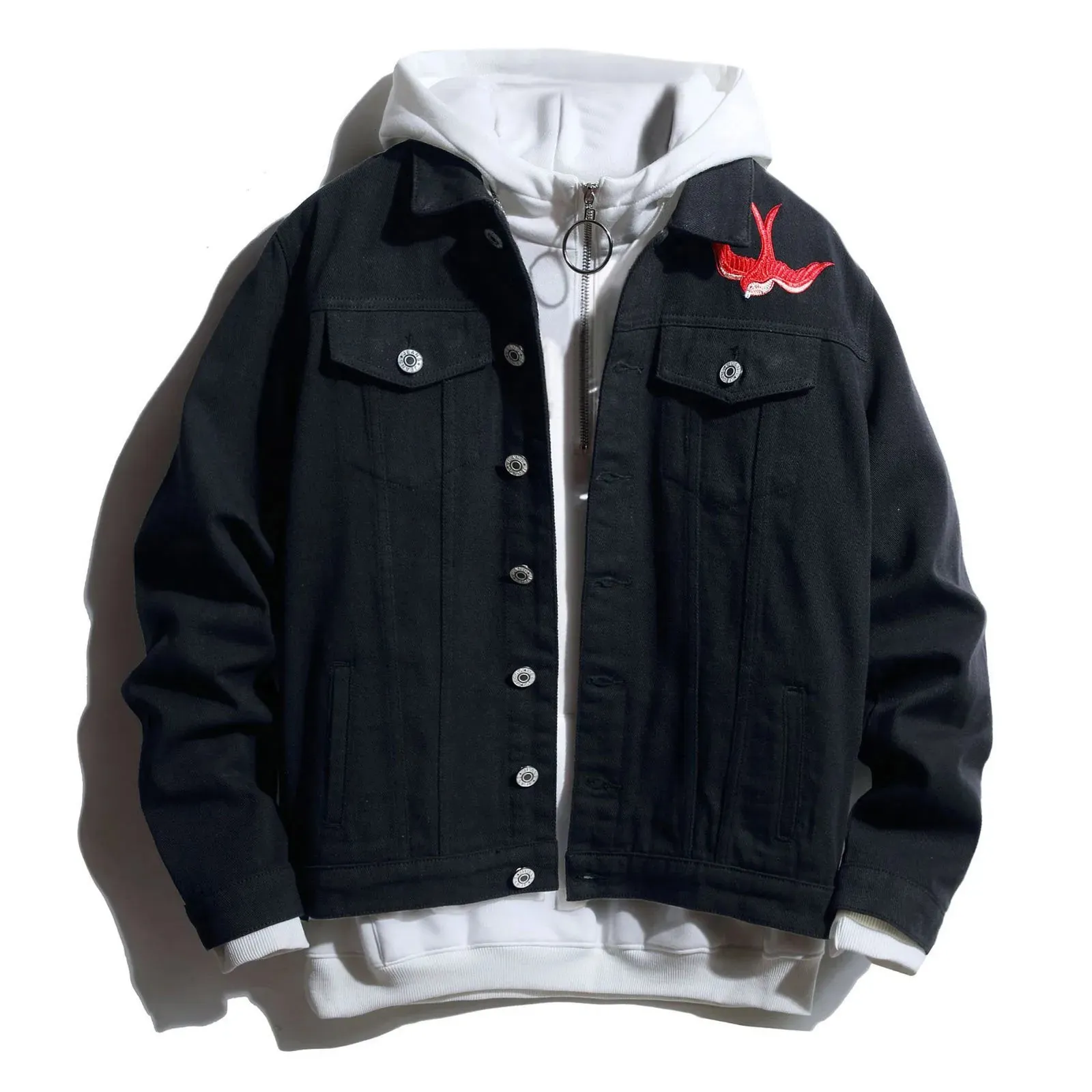 Hoodie Jacket for Men, Oversized Embroidery Denim Jacket, Lapel ...