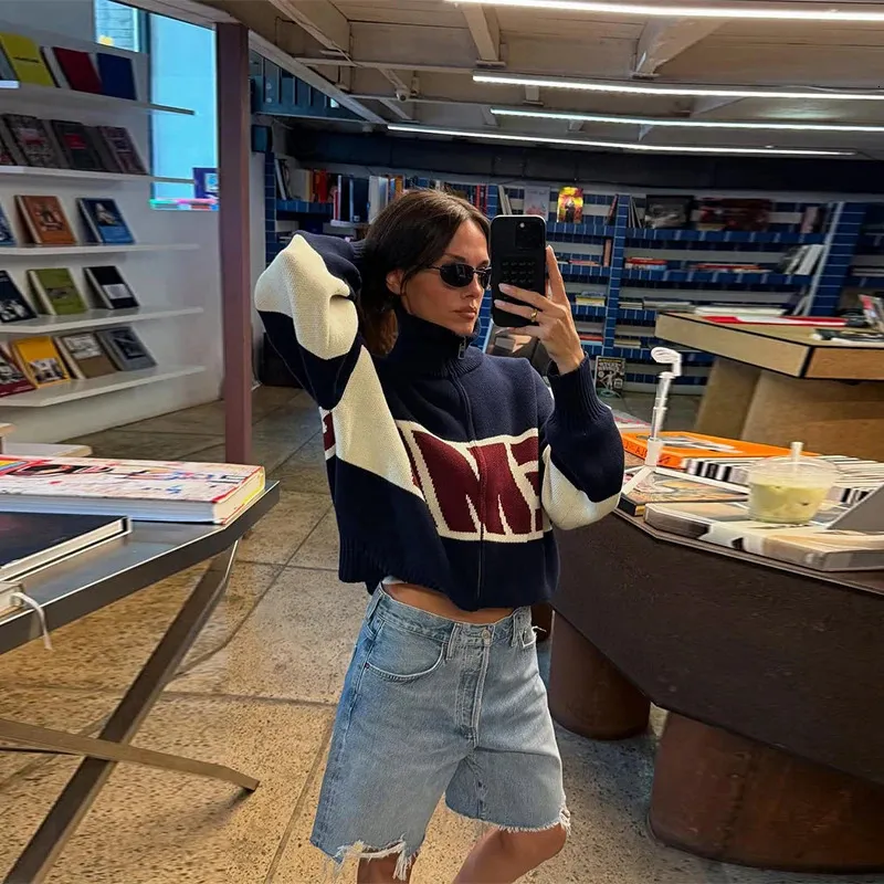 Fashion Women's Cardigan Stand Collar Full Sleeve Zipper Short Female ...