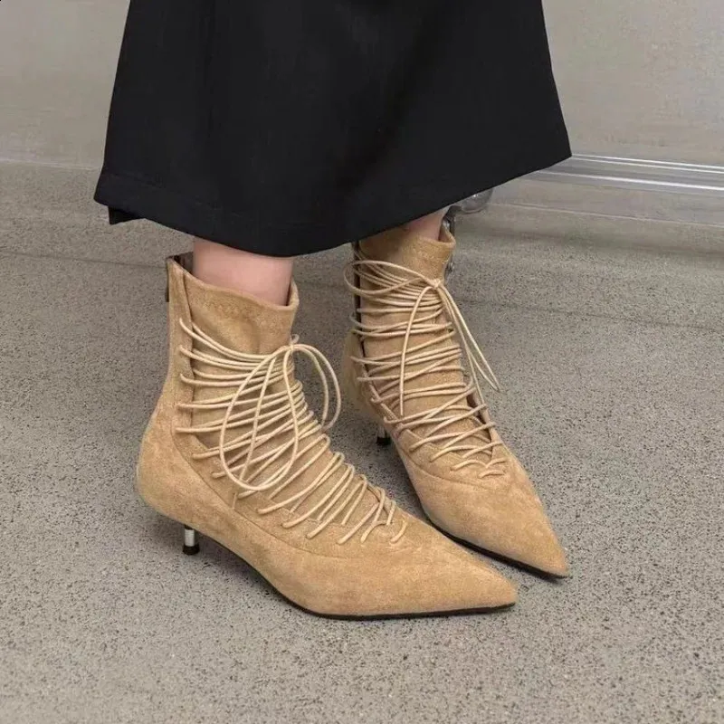 Stylish Pointed Toe Suede Front Lace-Up Anti-Slip Wear-Resistant Slim ...