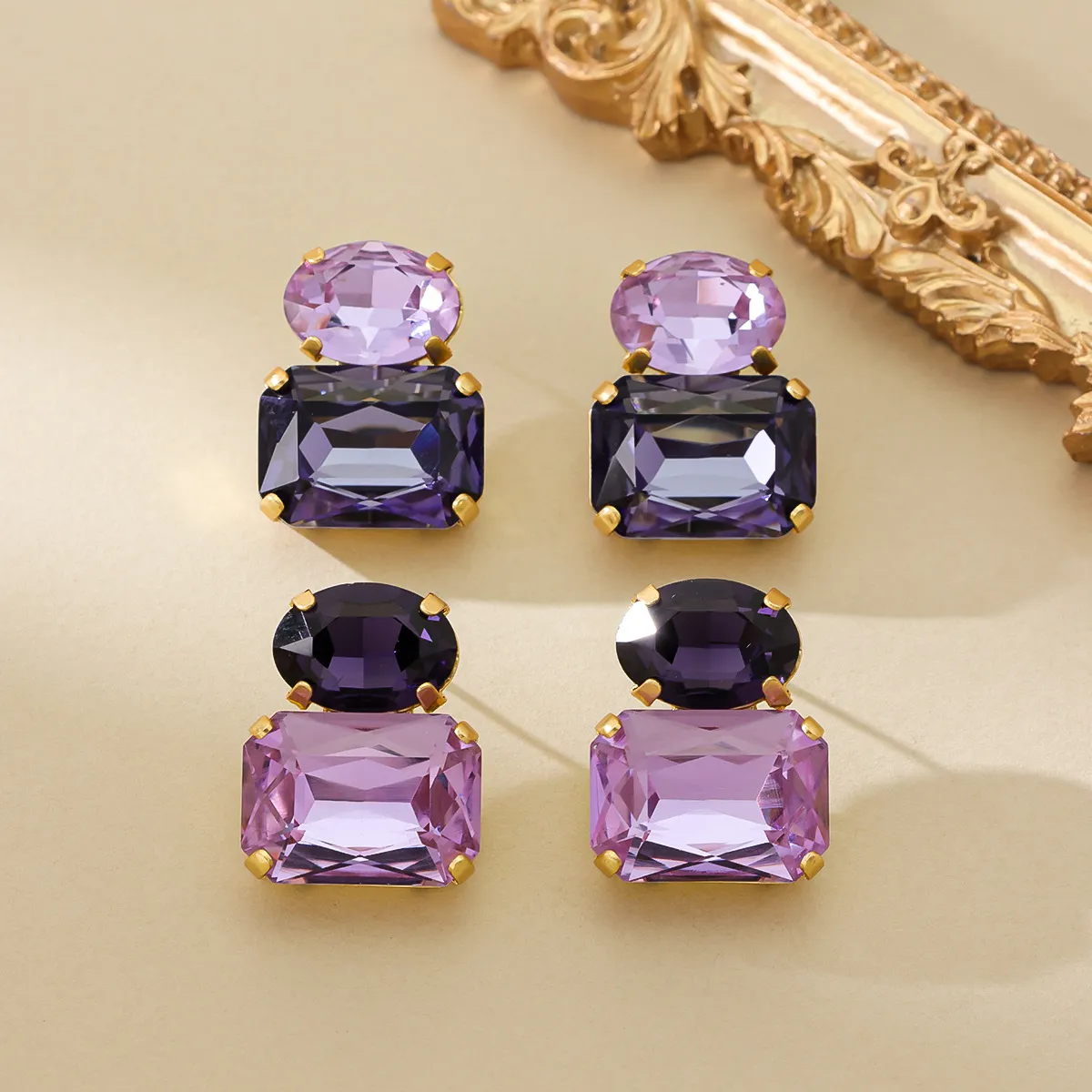 New Luxury Vintage Three-Dimensional Blue Purple Crystal Earrings Brass ...