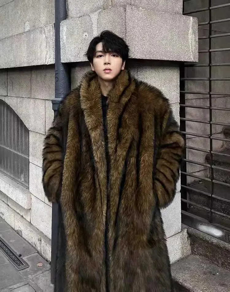 Men's Fur Coat Wolf Fur Fox Fur Lapel Long Overcoat Winter Windproof ...