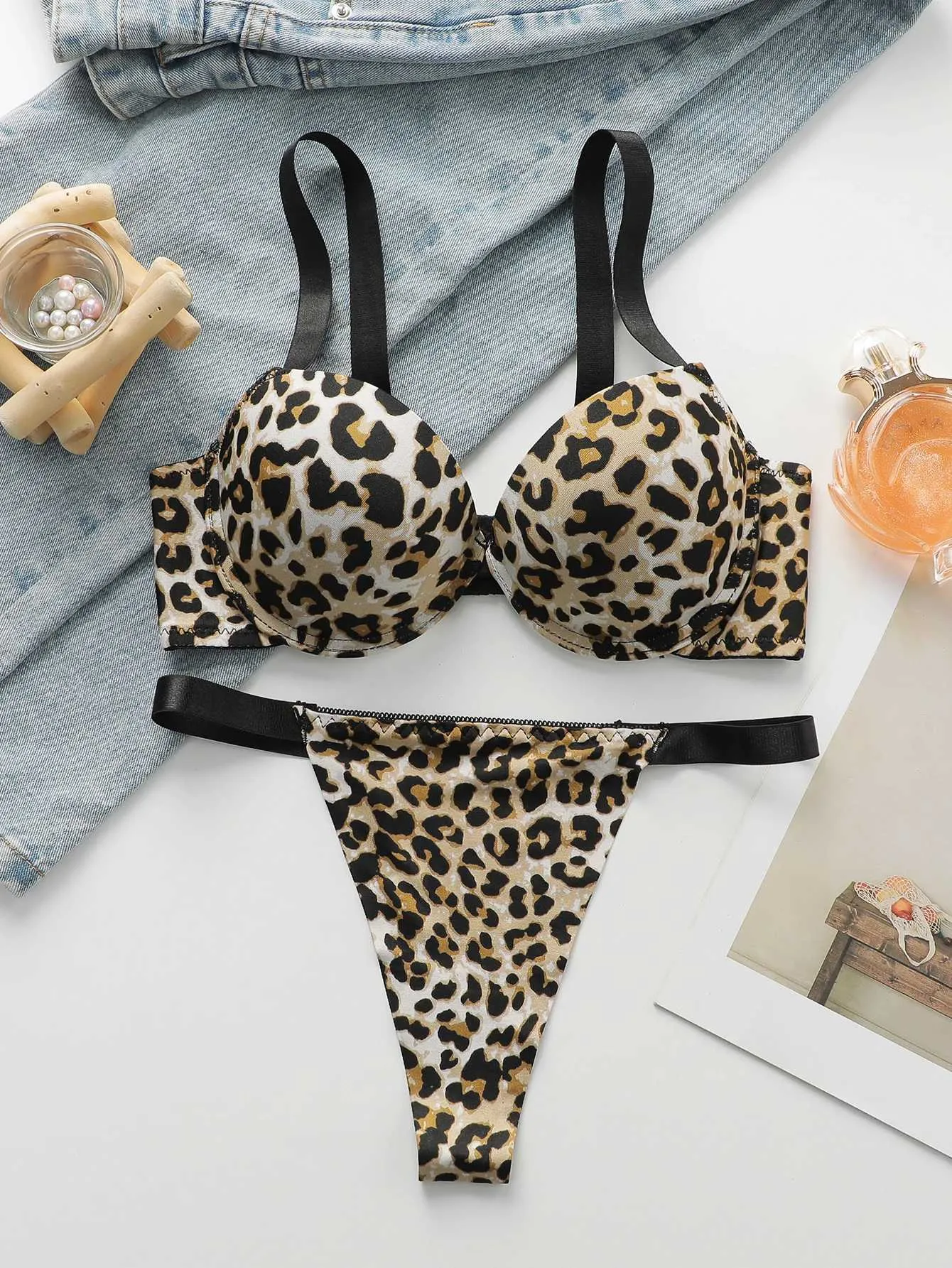 Sexy Leopard Print Two-Piece Bra Set for Women: Gathered Lifting ...