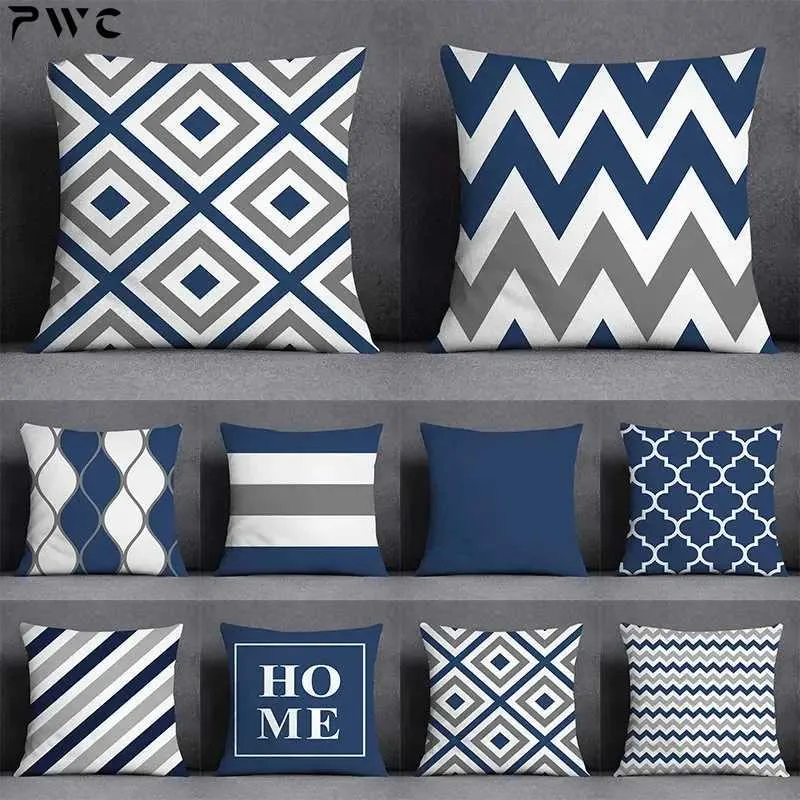 45 × 45 cm Polyester Cushion Cover with Blue Grey Geometric Pattern for ...