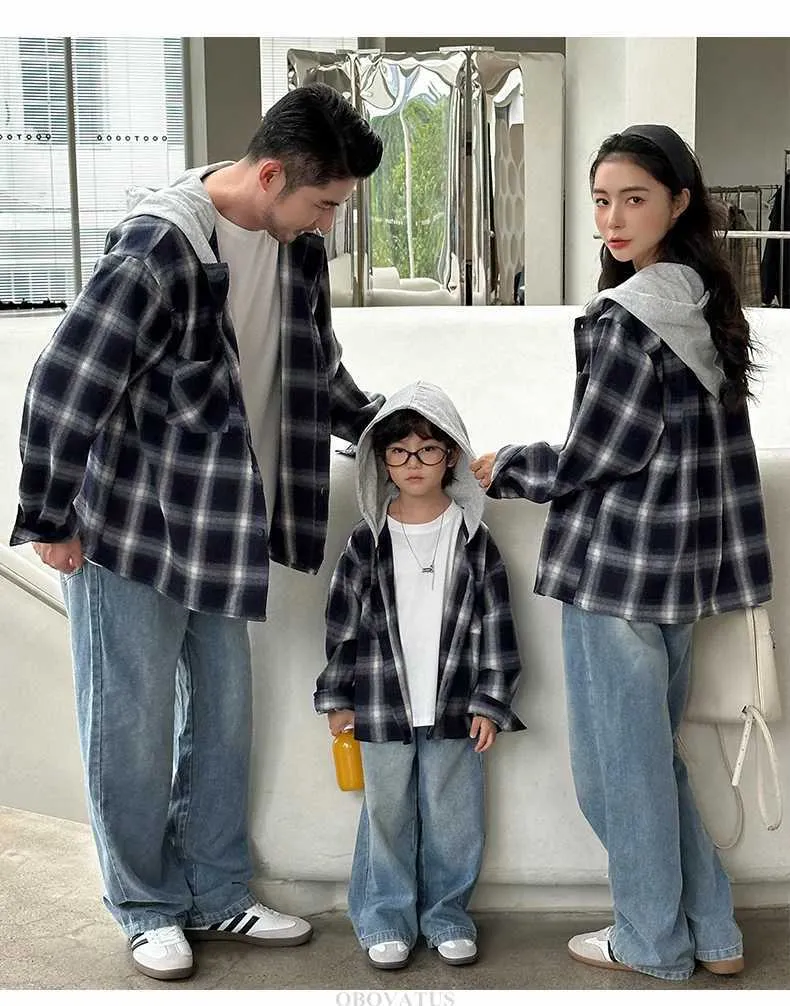 New Casual Family Matching Outfit: Long Sleeve Hooded Plaid Shirt for ...