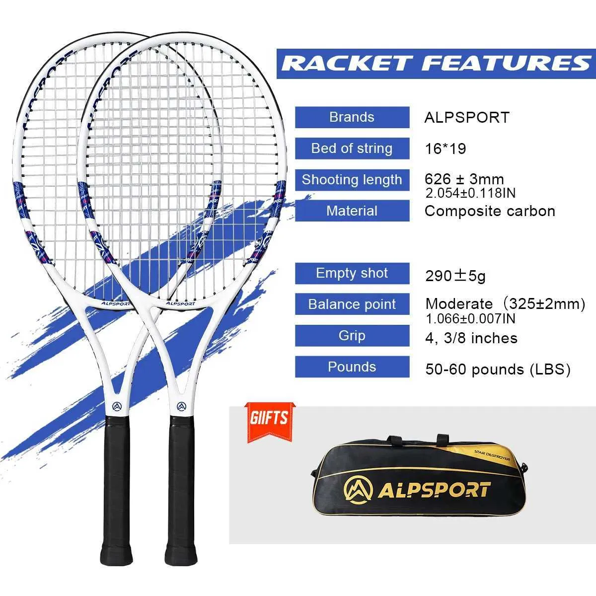 ALPSPORT Carbon Fiber Tennis Racket T800 8KProfessional Grade With ...