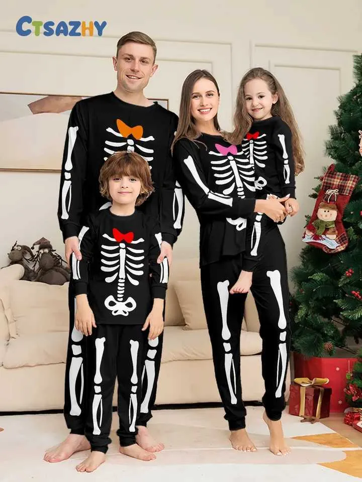 Parent-Child Halloween Pajamas Set with Skeleton Print and Colorful ...