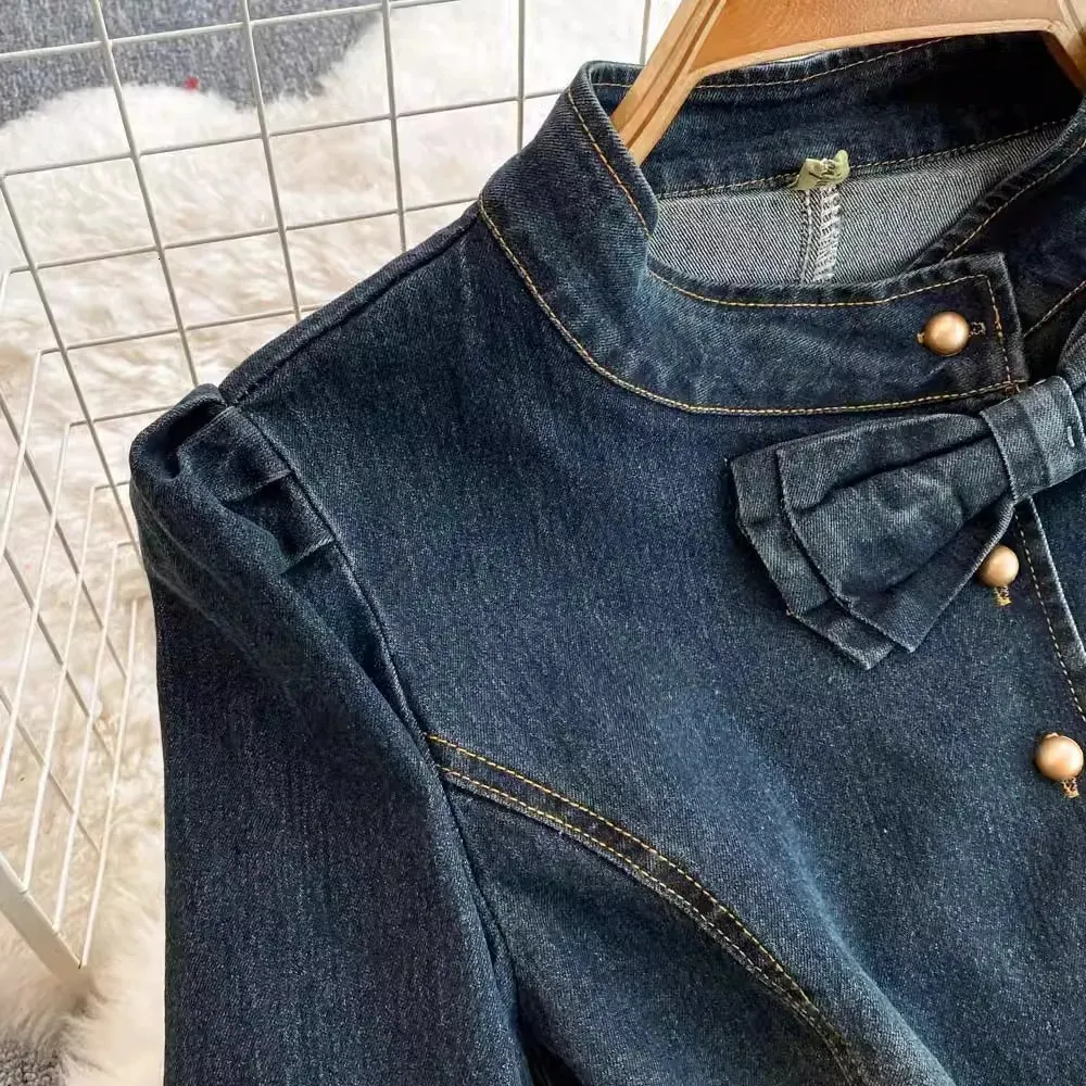 Vintage Bow Denim Suit: 2025 Spring Autumn Fashion Y2k Long Sleeve Slim ...