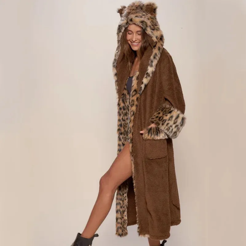 Ladies' Long Sleeve Lamb Fur Coat with Hood, Cartoon Leopard Print Faux ...