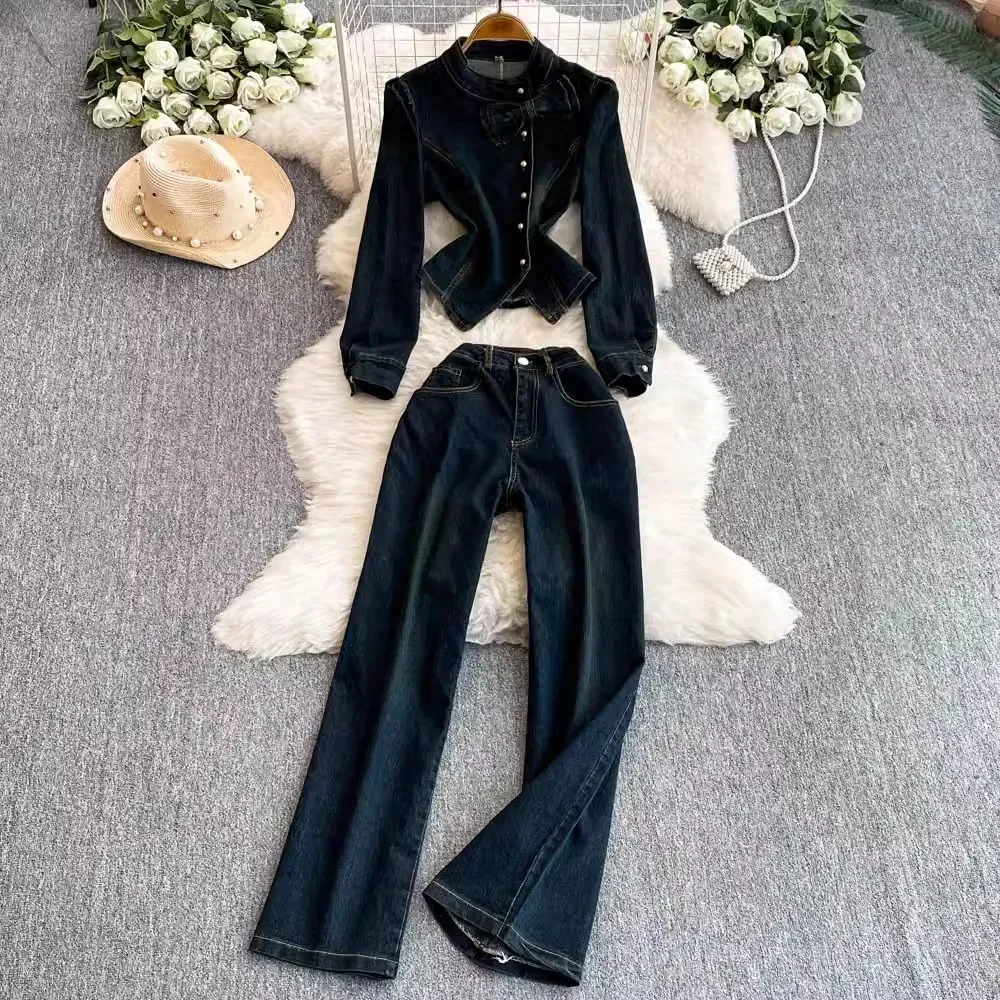 Vintage Bow Denim Suit: 2025 Spring Autumn Fashion Y2k Long Sleeve Slim ...
