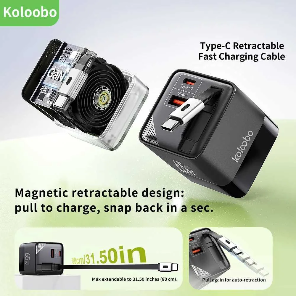 65W GaN Fast Charger with Three USB-C Ports and Built-in 80cm ...