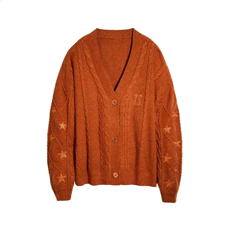 Embroidered Star Lurex Button Cardigan, Oversize Long Sleeve Cable Knit ...