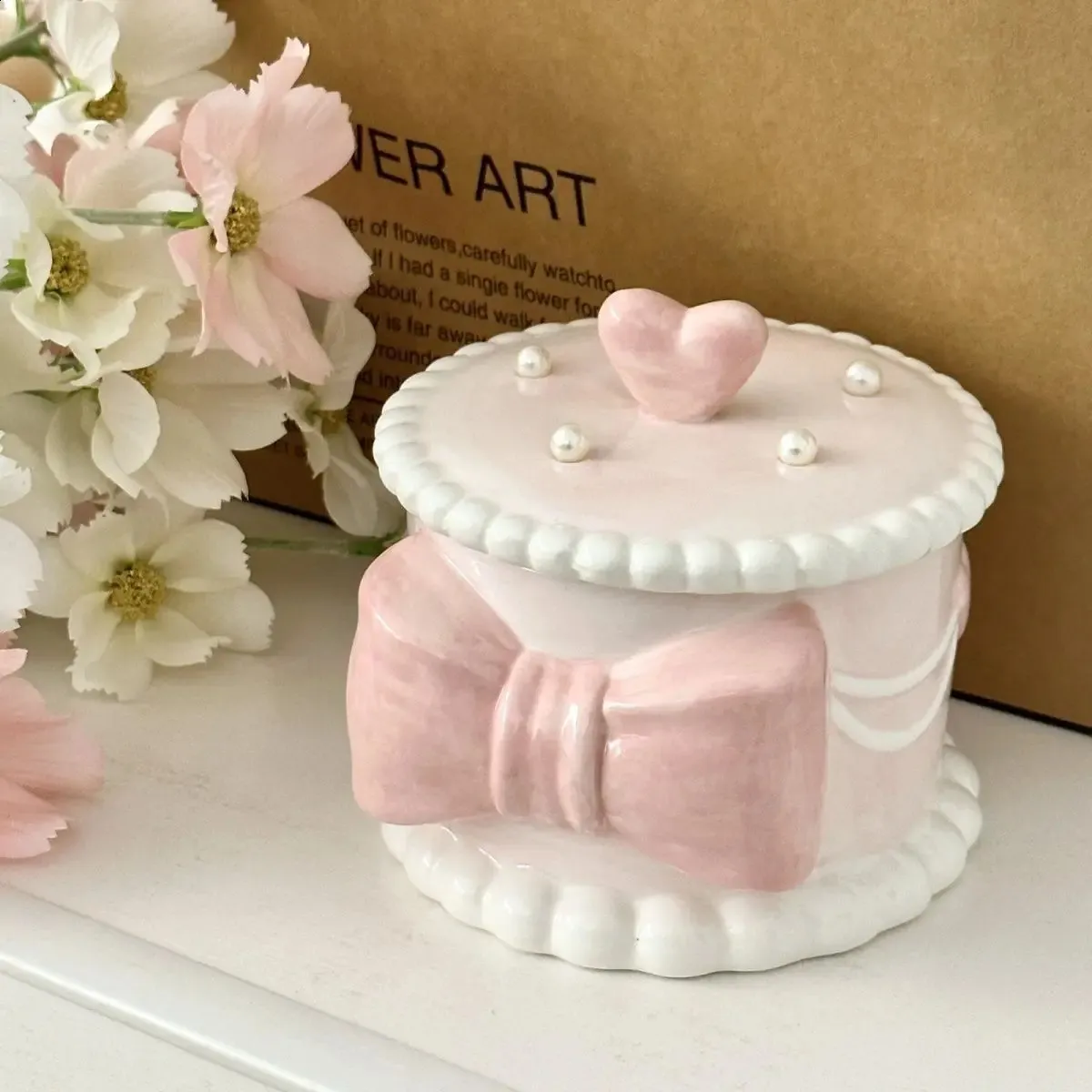Creative Bow Ceramic Pearl Jewelry Box Cute Painted Tabletop Trinket ...