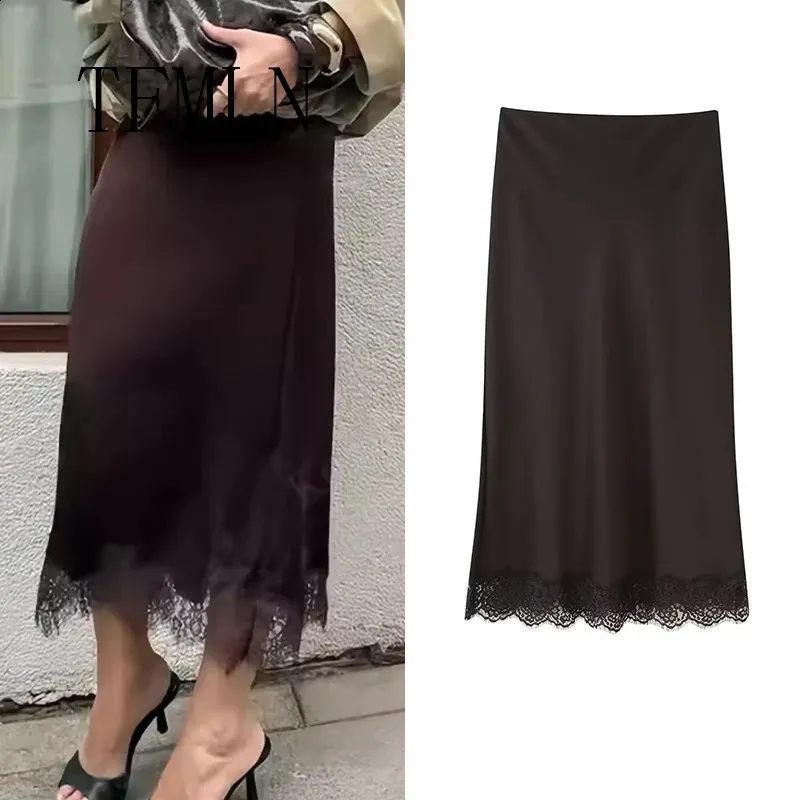 Elegant Lace Splice Satin Half Midi Skirt With Slit Women's Fashion ...