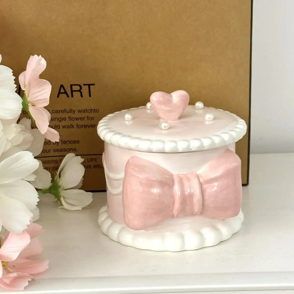 Creative Bow Ceramic Pearl Jewelry Box Cute Painted Tabletop Trinket ...