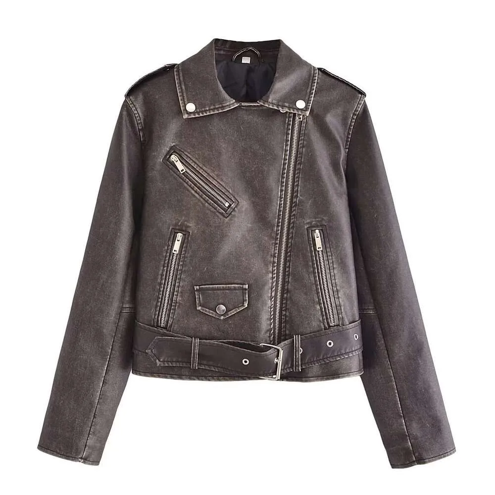 American Cool Spicy Girl Style Lapel Motorcycle Washed and Distressed ...