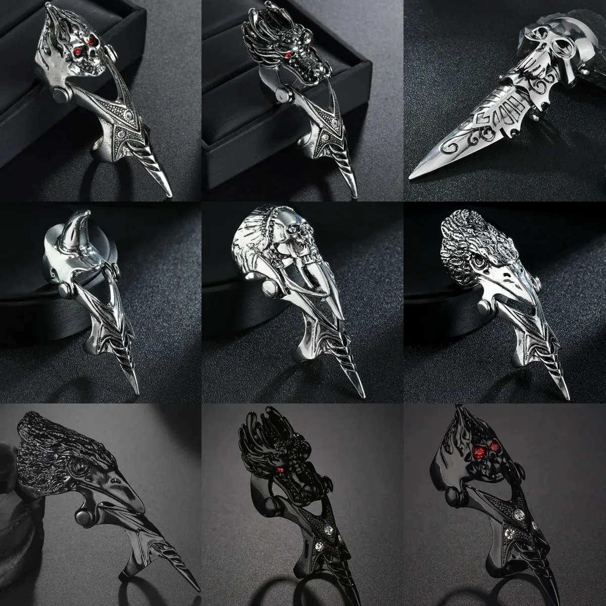 Gothic Punk Dragon Eagle Skull Joint Knuckle Full Finger Claw Ring ...