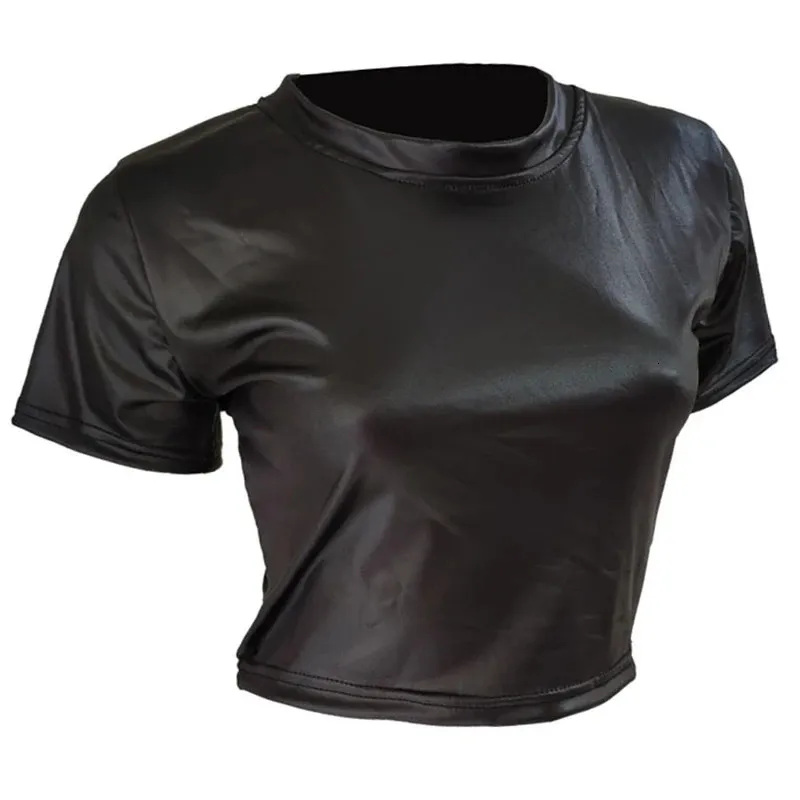 Women's Faux Leather Crop Top T-Shirt, Short Sleeve Sexy Punk Midriff ...