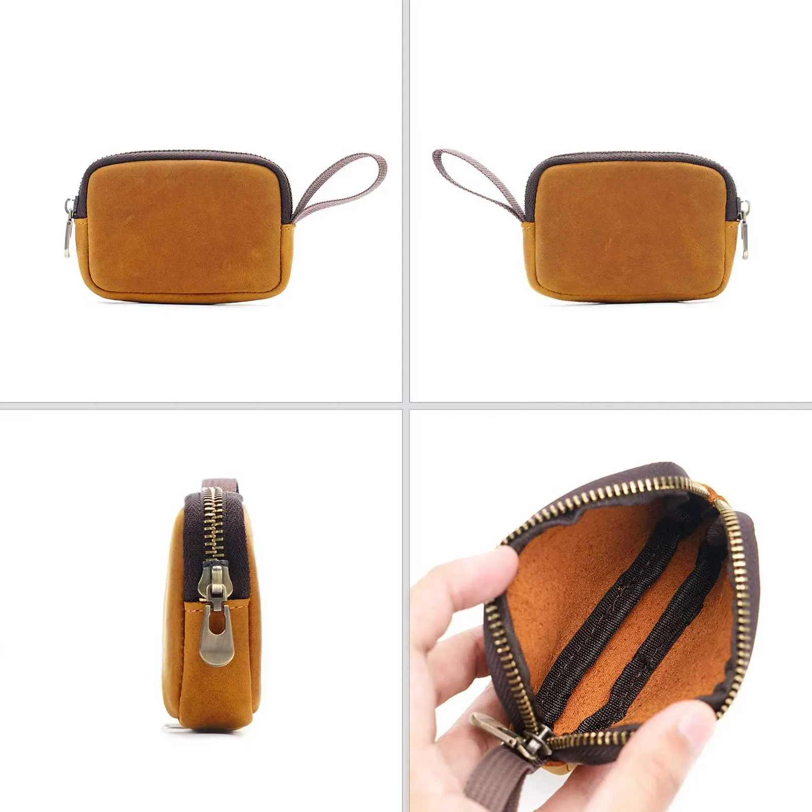 Genuine Cow Leather Coin Purse with Keychain Zipper Closure for Men ...