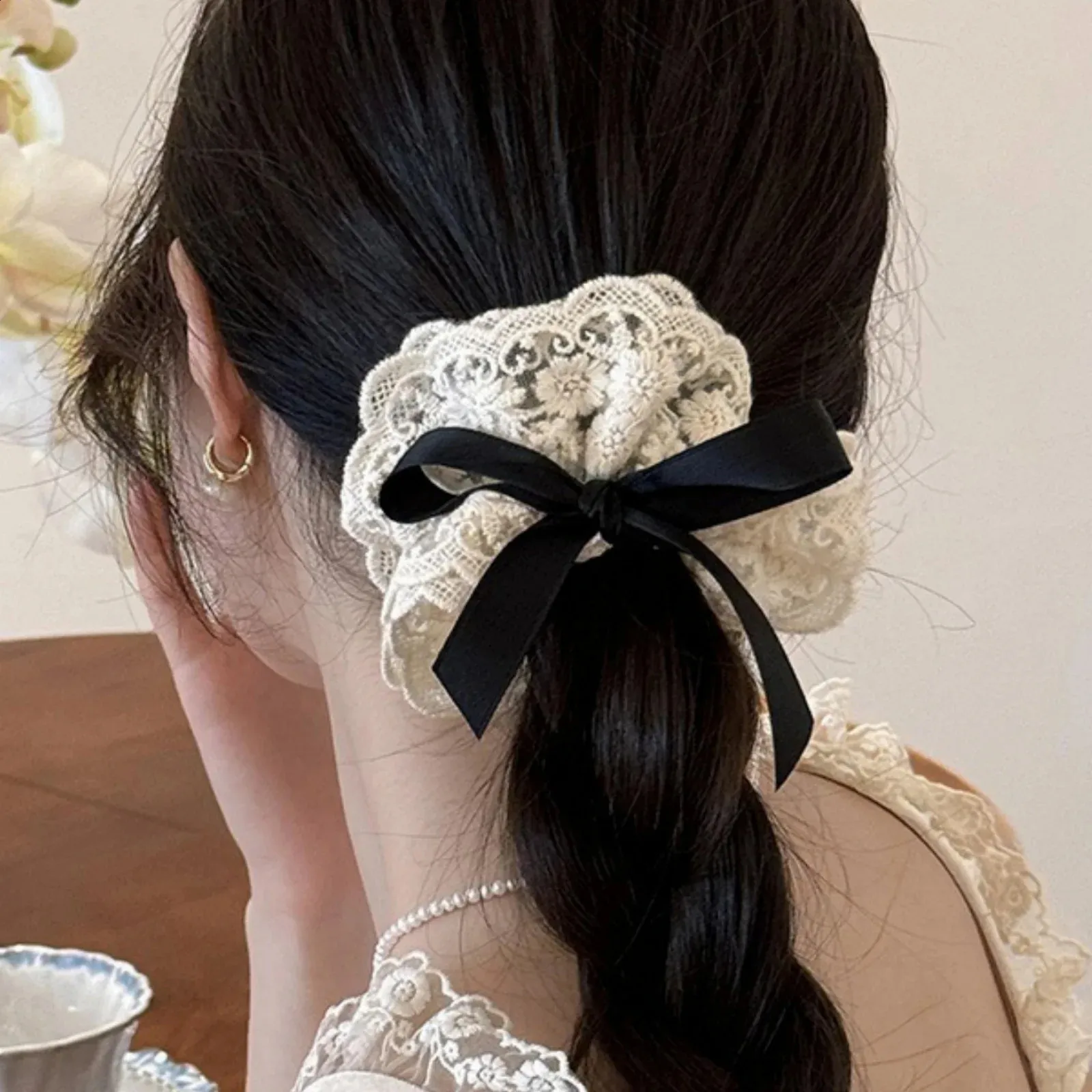 Vintage Double Layer Bow Lace Hair Ring Hair Tie Headband Head Flower ...