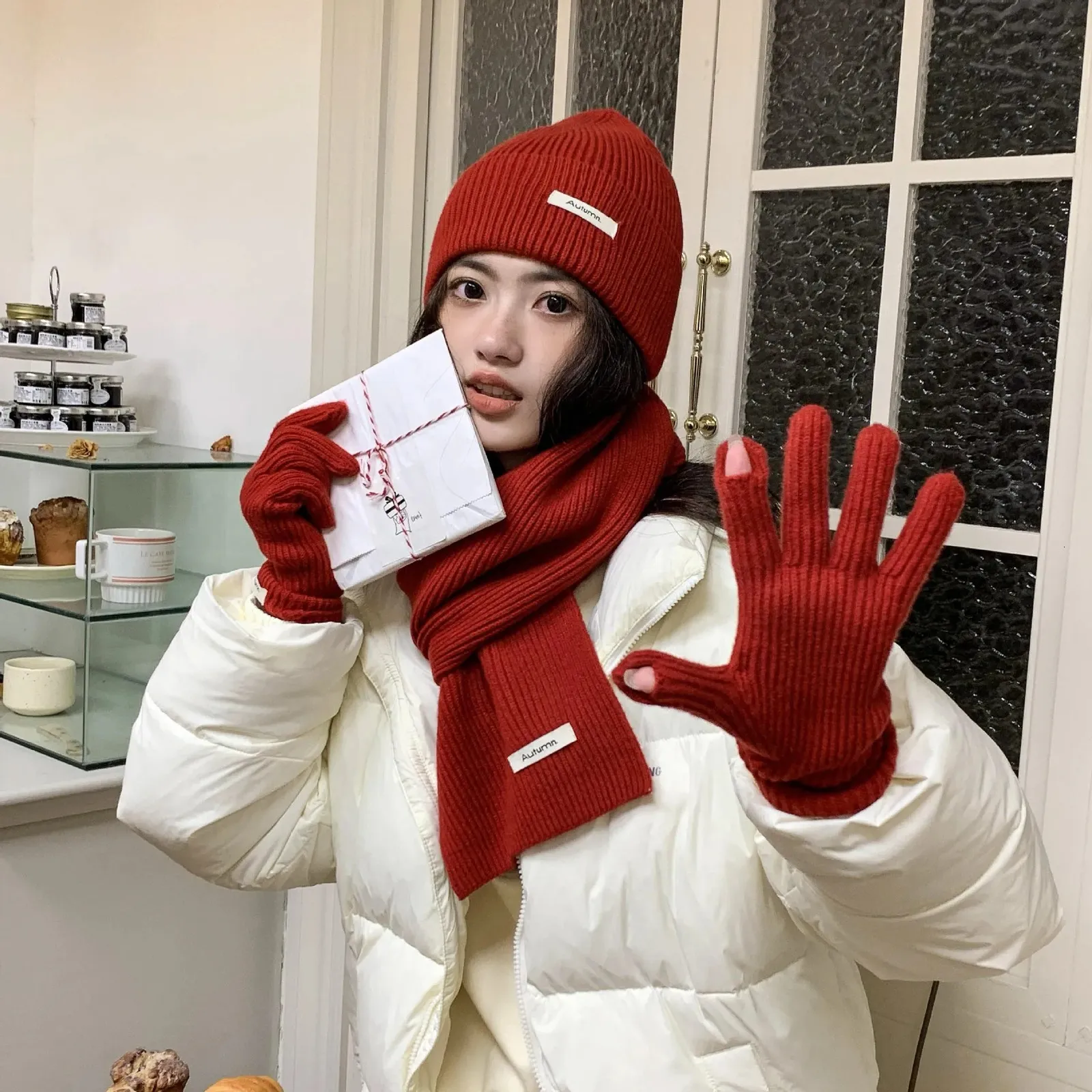 Korean Threepiece Set: Women's Autumn Winter Warm Knitted Hat, Scarves ...