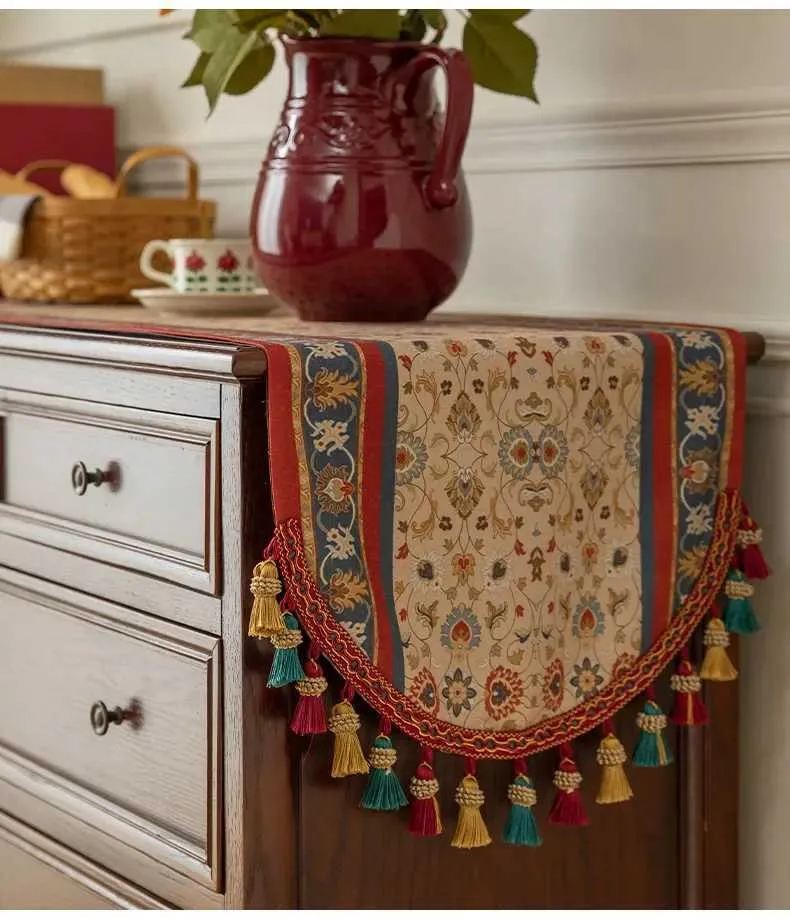 Light Floral Tassel Table Runner Retro Long Tablecloth for Dining Table ...