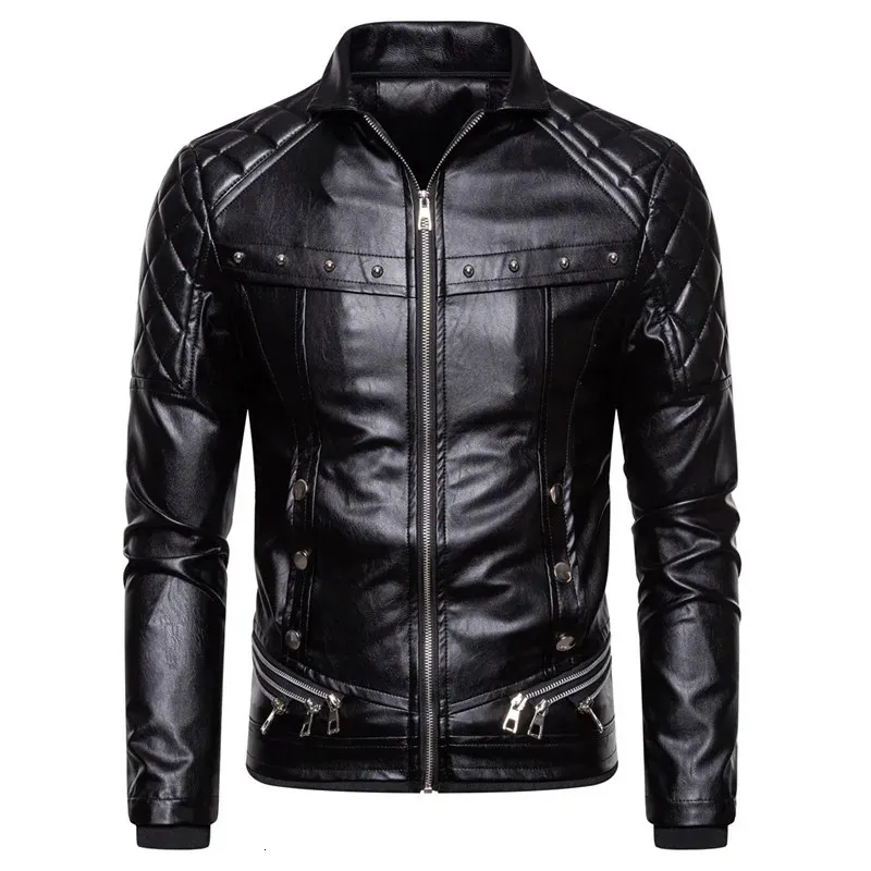 Men's Motorcycle Leather Jacket Vintage Rivet Red Military Flight Coat ...
