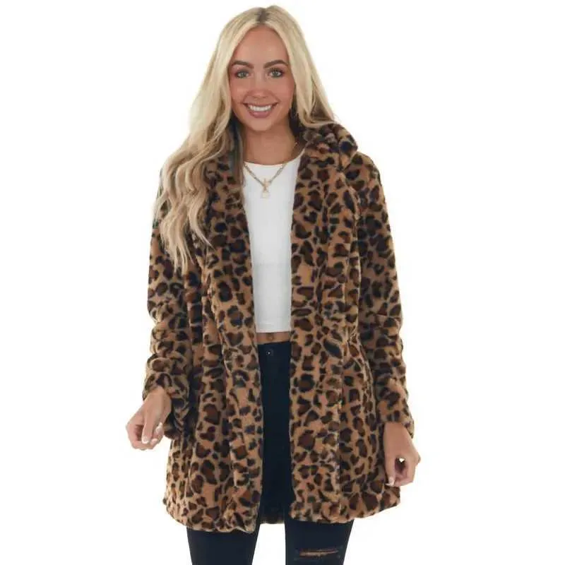Leopard Print Faux Fur Winter Long Sherpa Coat For Women Elegant ...