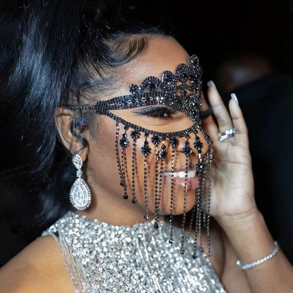 Hollow Black Masquerade Eye Mask Full Face Jewelry Prom Sexy Tassel ...