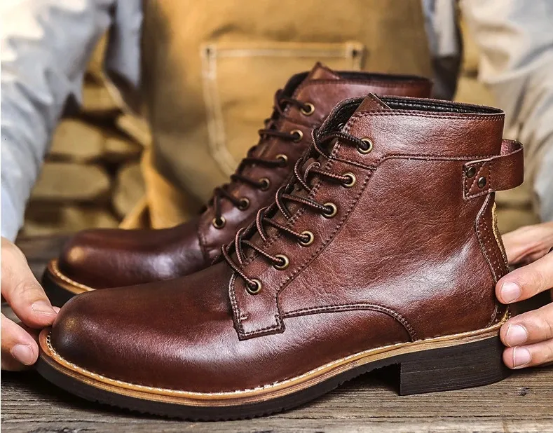 Handmade Leather Men's Boots Retro Round Toe Motorcycle Chunky Botines ...