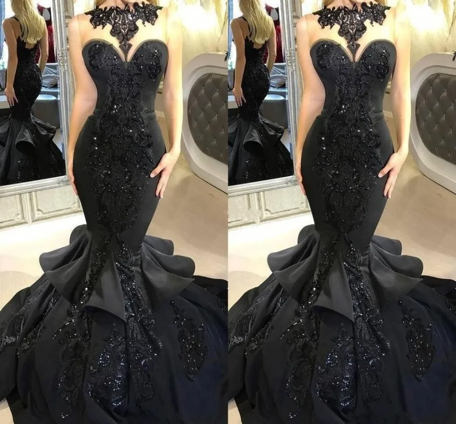 Black Sequin Mermaid Beautiful Black Evening Gowns With Lace Applique ...