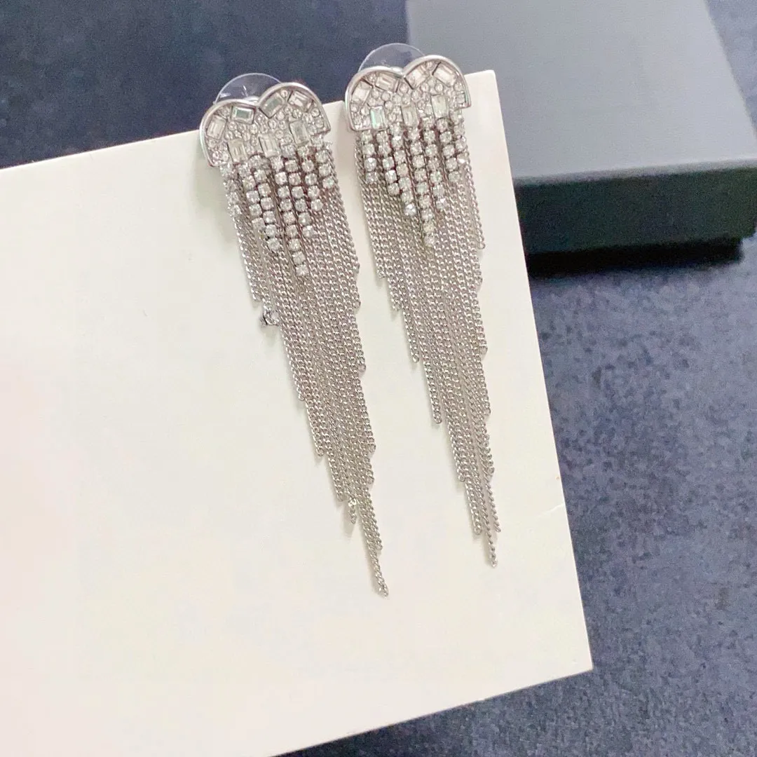 New Silver Letter Crystal Rhinestone Tassel Long Earrings Face Slimming Flattering 925 Sterling ...