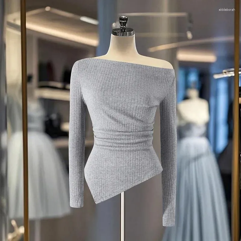 Women's Elegant Grey Asymmetrical Shoulder Long Sleeve Knitted Top ...