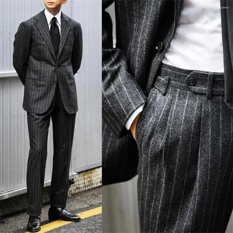 Men's Gray Suit, Thick Stripe Jacket and Pants, Single Breasted Wedding ...