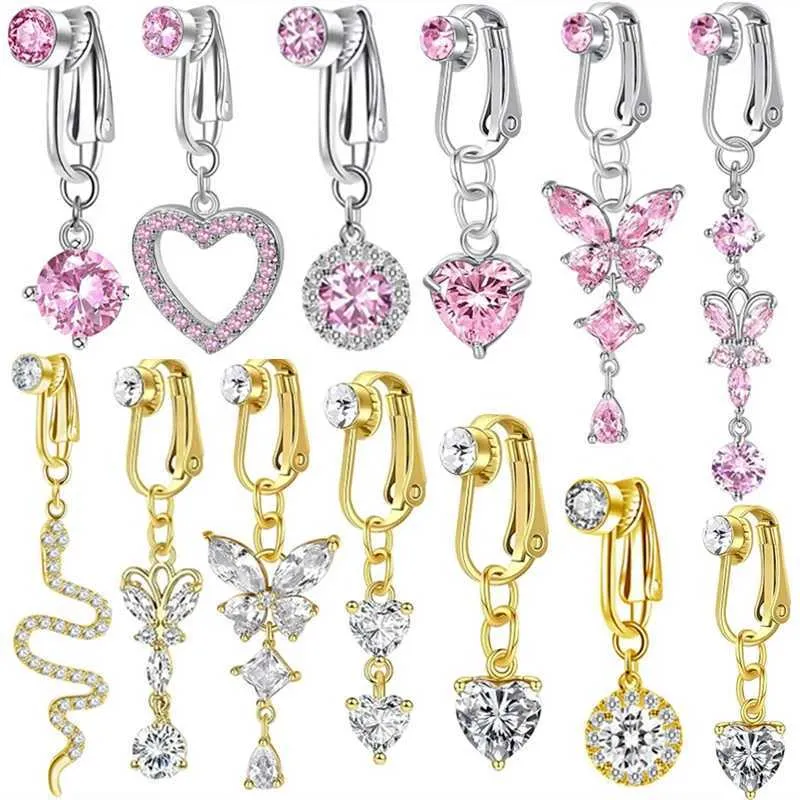 Pink Crystal Fake Belly Button Piercing Jewelry For Women Non Piercing ...