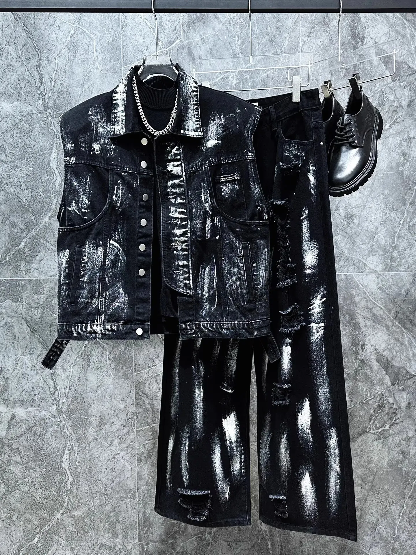 Mens Ripped Jeans Two-Piece Set: Splashed Ink Vest Jacket and Straight ...
