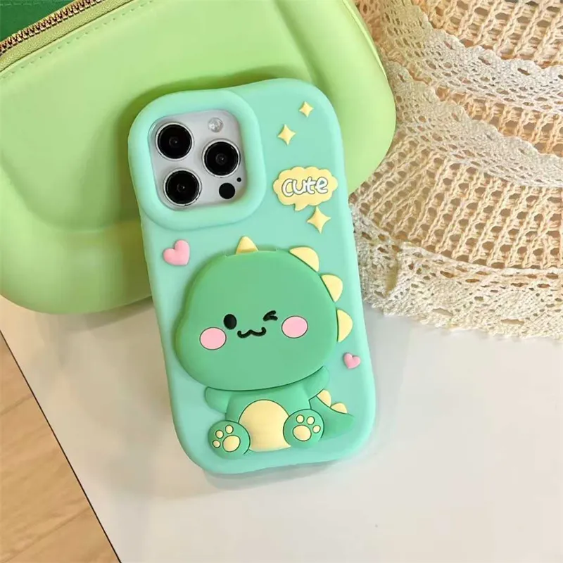 Cartoon Cute Dinosaur Silicone Phone Case With Flip Mirror Stand For ...