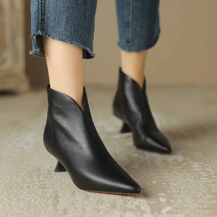 V-Mouth Ankle Boots for Women, Elegant French Designer Shoes, Pointed ...
