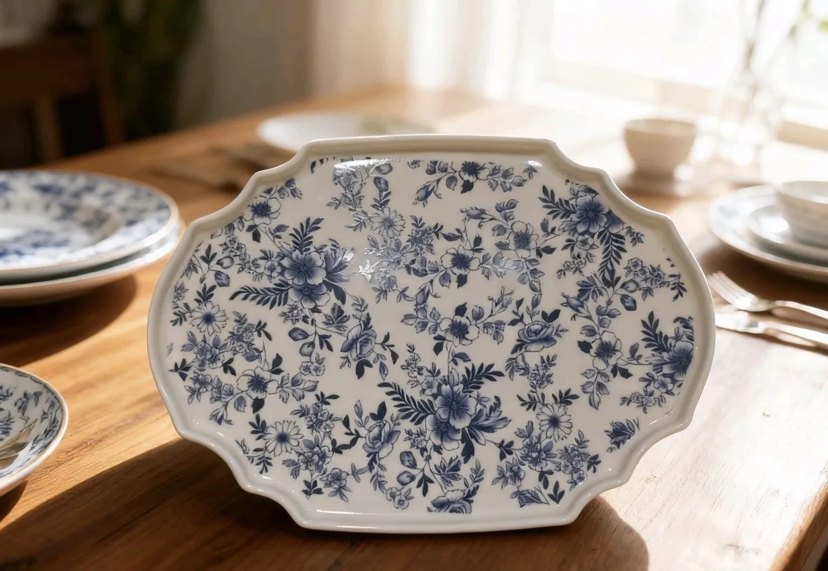 Blue Floral Pattern Ceramic Dining Plate - Glazed Craft Tableware for ...