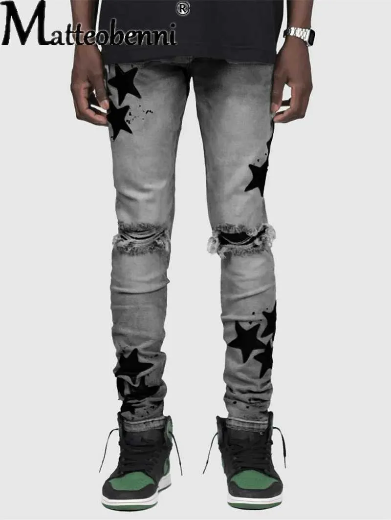 Star Print Street Punk Style Ripped Jeans - Men's Streetwear Fashion ...