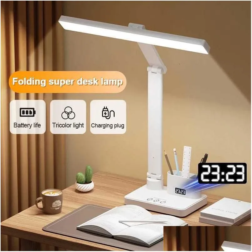 Table Lamp with LED Clock, USB Chargeable, Dimmable Desk Light, 2 Heads ...