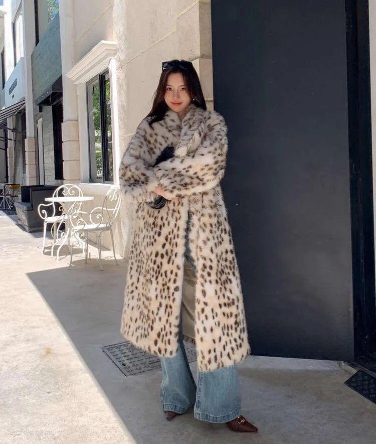 Loose Lapel Leopard Print Faux Fox Fur Coat for Women, Thickened Long ...