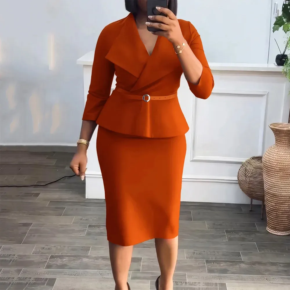 Elegant Women's Office Dress: V-Neck, Full Sleeve, Belted Waist, Sheath ...
