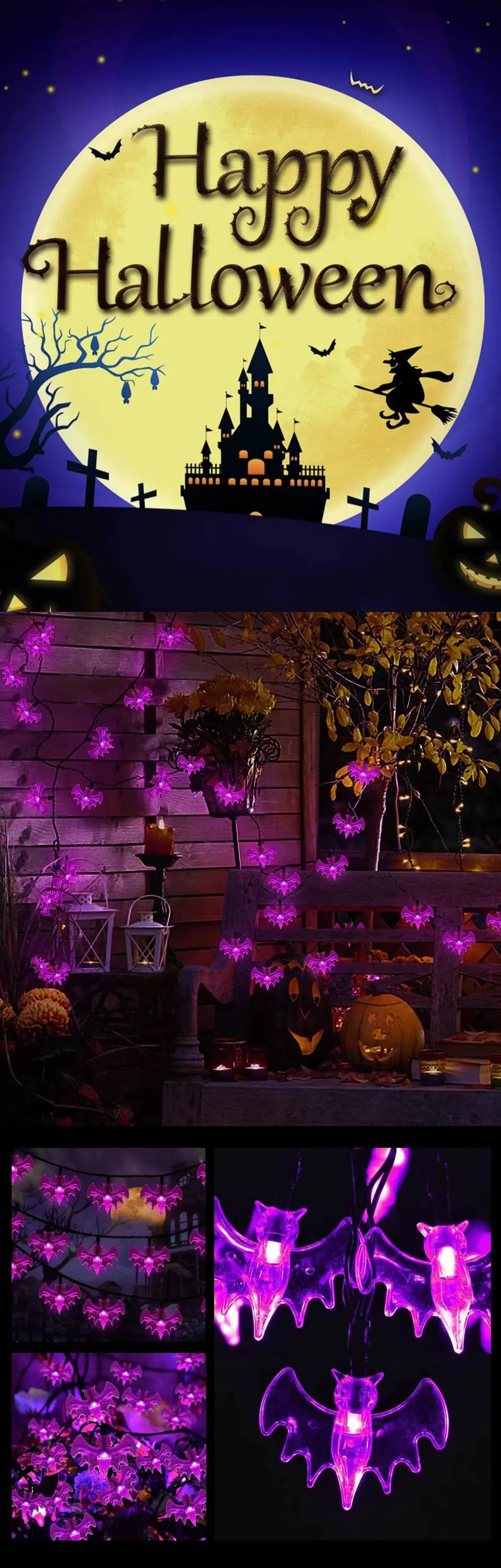 Solar String Lights: Purple Bat LED for Halloween Party, Courtyard ...